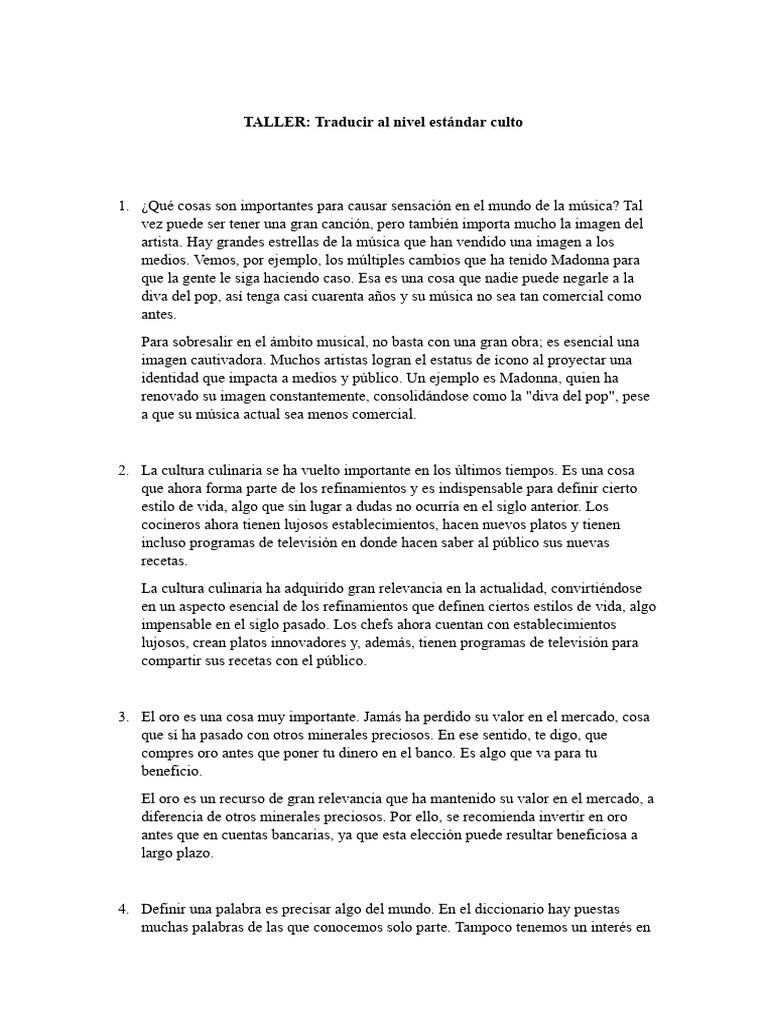 Taller 2 TRADUCCIÓN A ESTÁNDAR CULTO | PDF | Léxico | Comportamiento