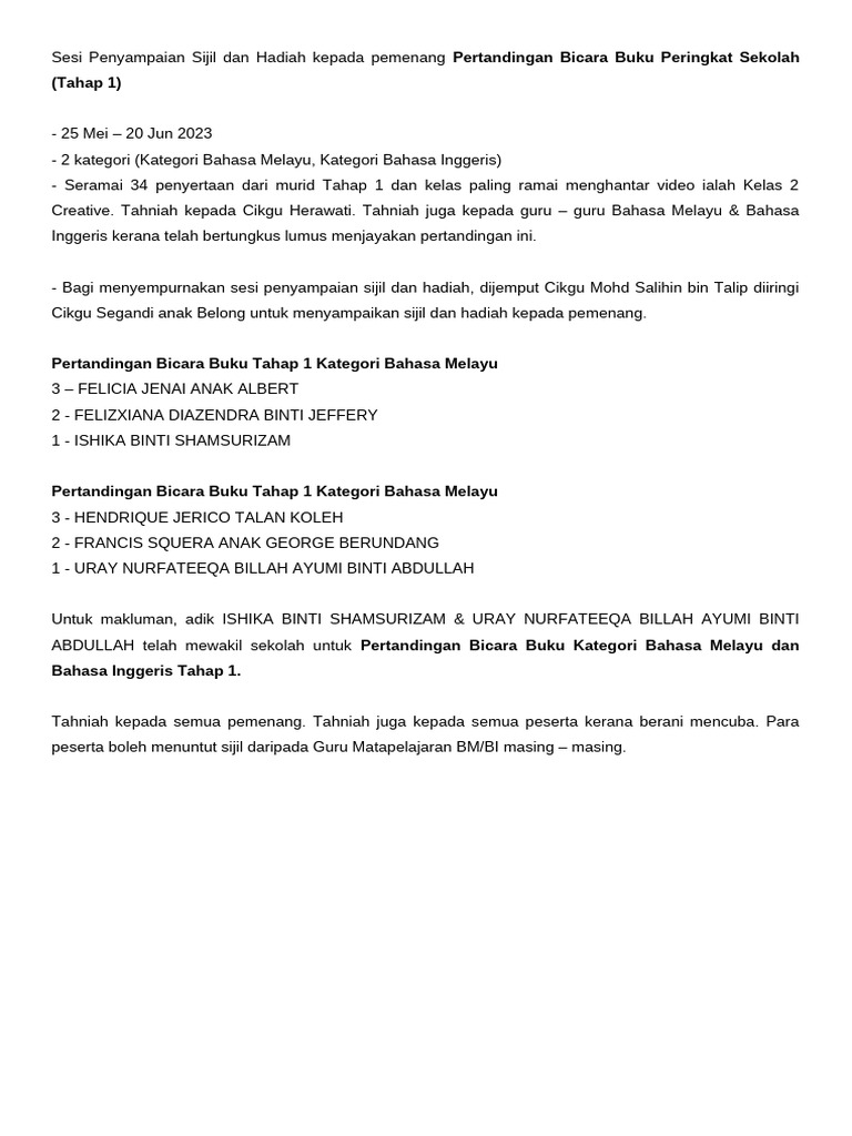 Teks Penyampaian Sijil Dan Hadiah Pertandingan Bicara Buku Peringkat ...