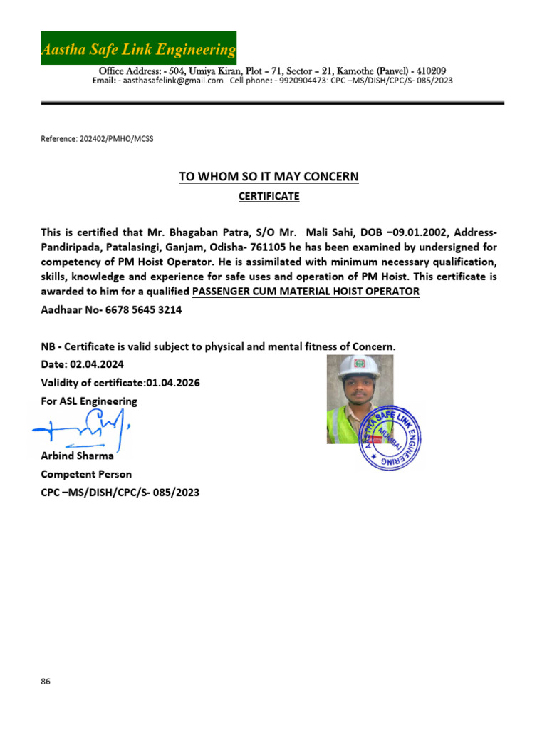 Certificate for PM Hoist Operator | PDF