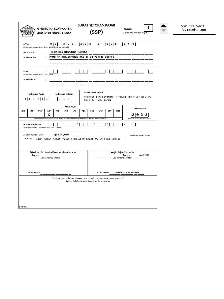 Surat Setoran Pajak: SSP Excel Ver.1.3 | PDF