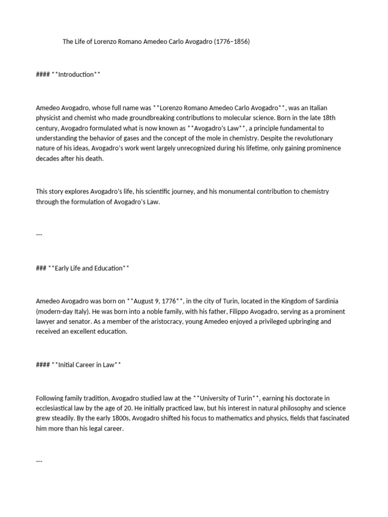 The Life of Lorenzo Romano Amedeo Carlo Avogadro (1776-1856) | PDF ...