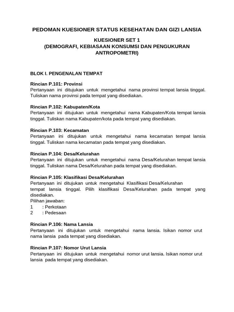 PEDOMAN KUESIONER LANSIA Konsumsi, Antro (29 Oktober 2024) | PDF