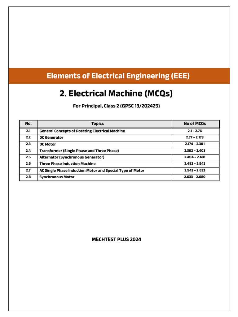 (MCQS) Electrical Machine (EEE) - Unlocked | PDF | Electric Motor ...
