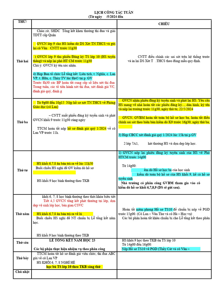 LICH CONG TAC Tu Ngay 20-5 Den 25-5-2024 - A3 | PDF