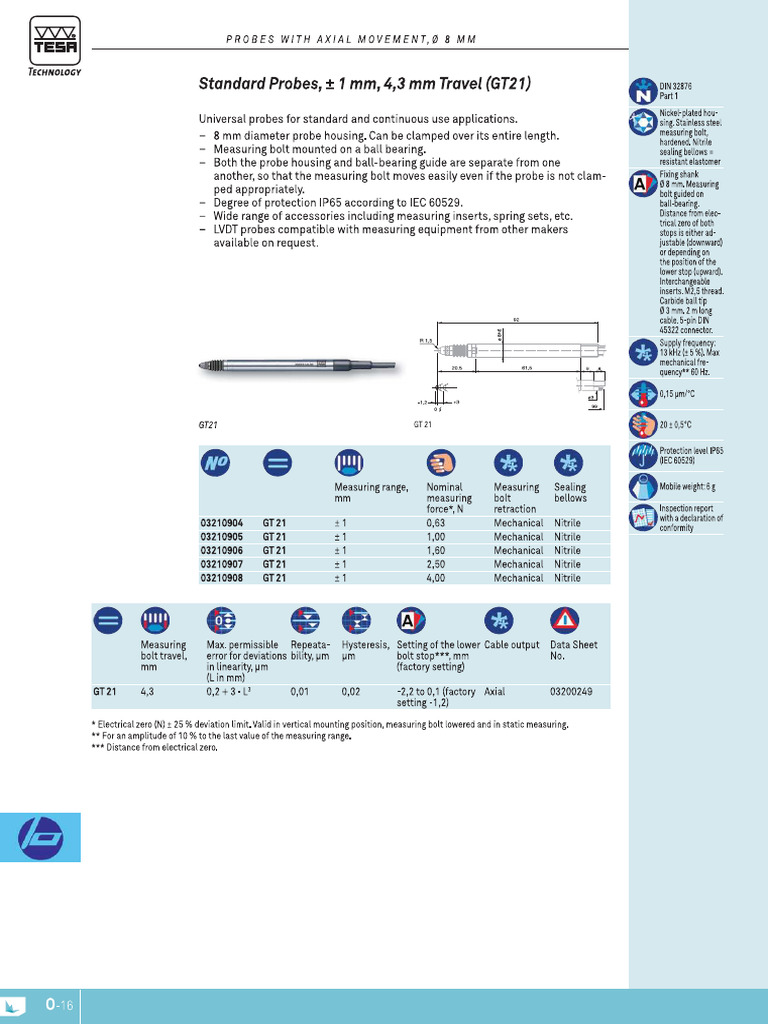 Tesa GT 21 Probe Versatile Precision Length Measurement Probe | PDF