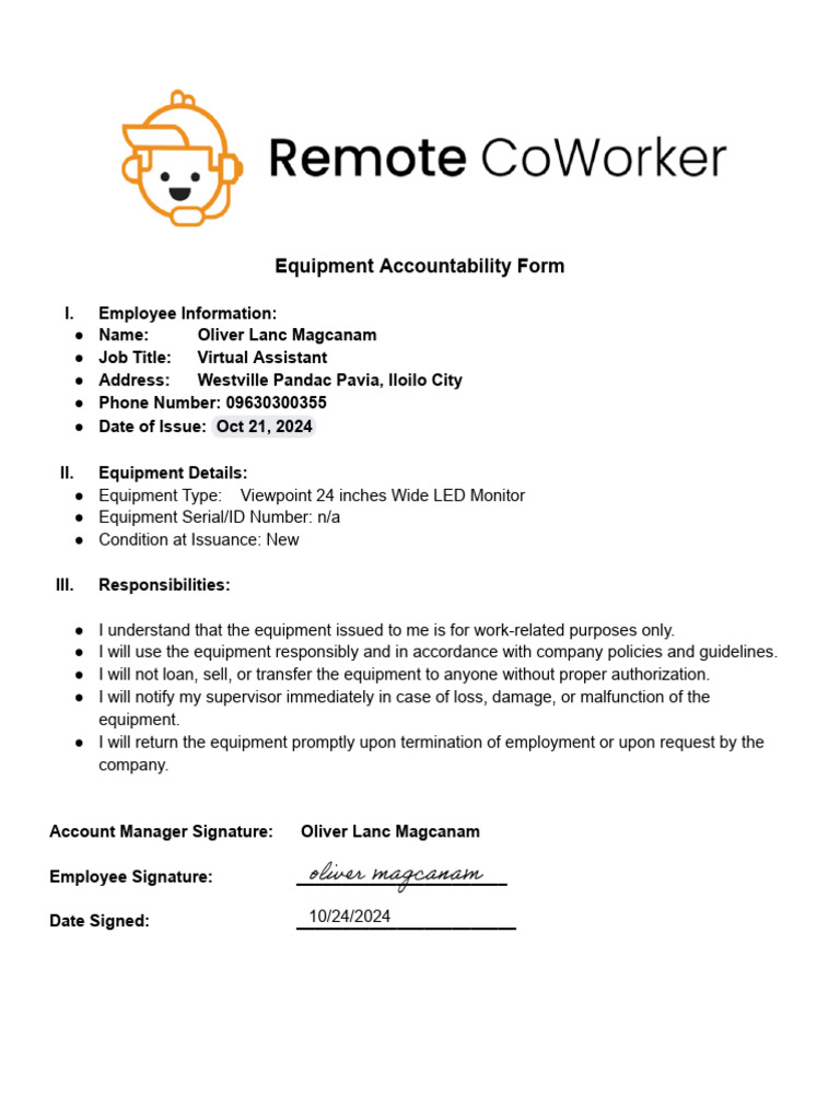 Equipment Accountability Form v.3 - Oliver Lanc Magcanam 20241023 | PDF ...