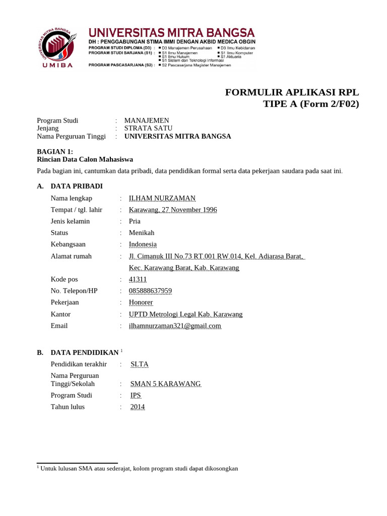 Formulir Aplikasi RPL Manajemen S1 | PDF