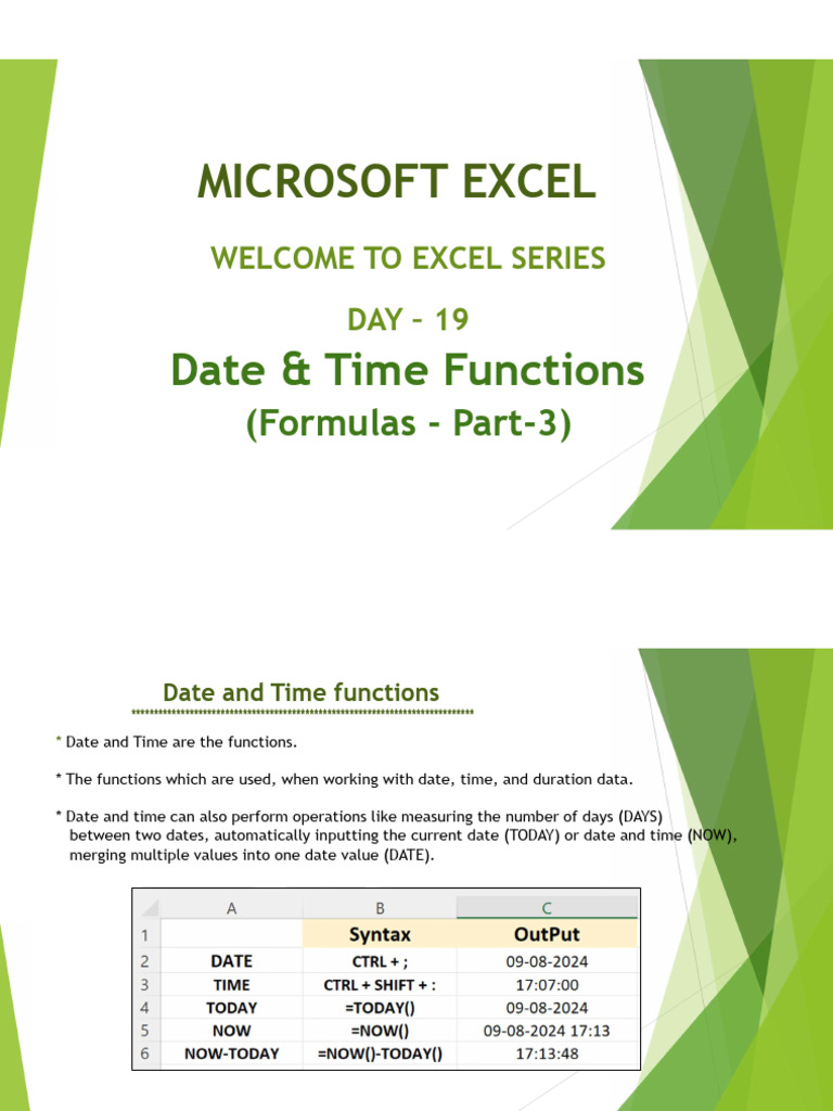 Day - 19 - Date and Time Functions in Excel | PDF | Workweek And Weekend | Computer Programming