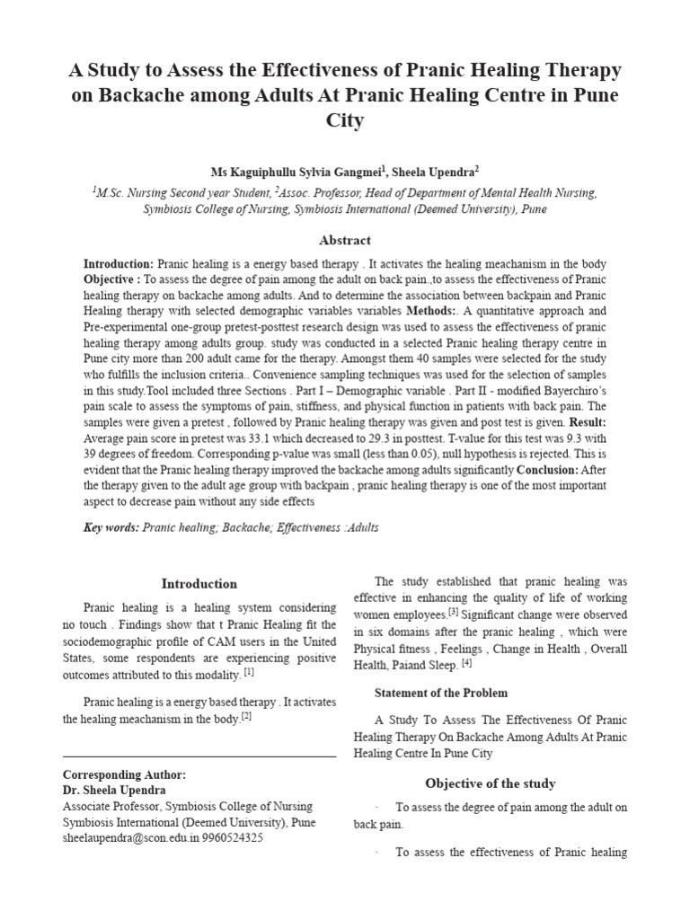 Effectiveness of Pranic Healing Therapy On Backache | PDF | P Value ...