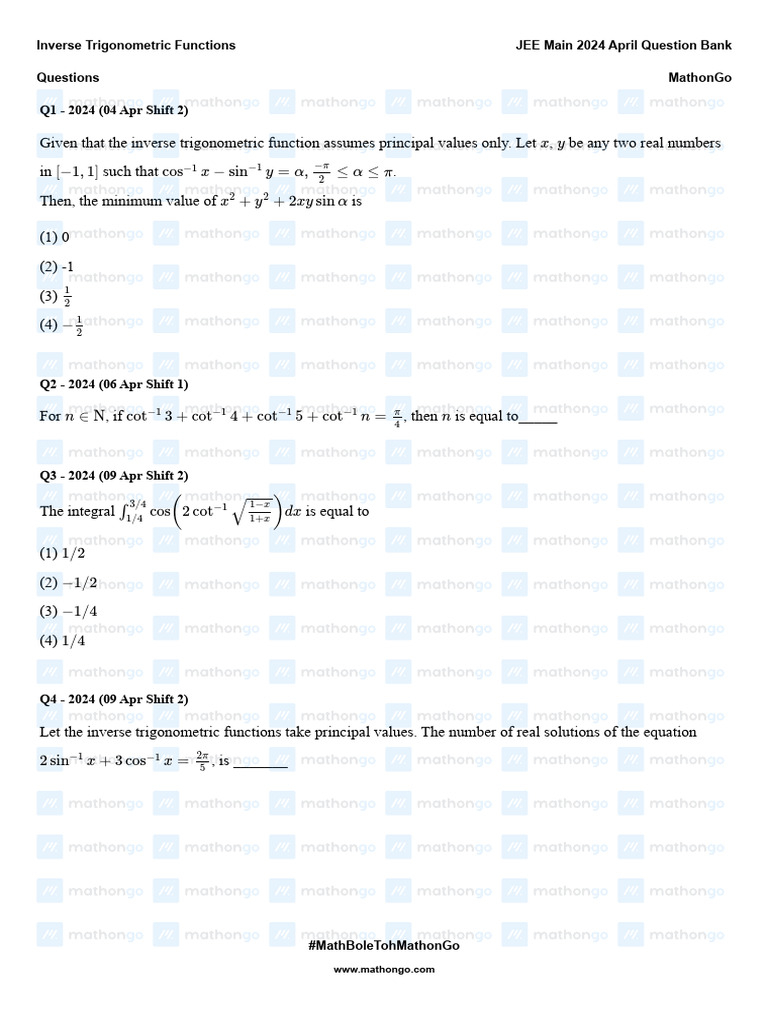 Inverse Trigonometric Functions - JEE Main 2024 April Question Bank - MathonGo | PDF ...