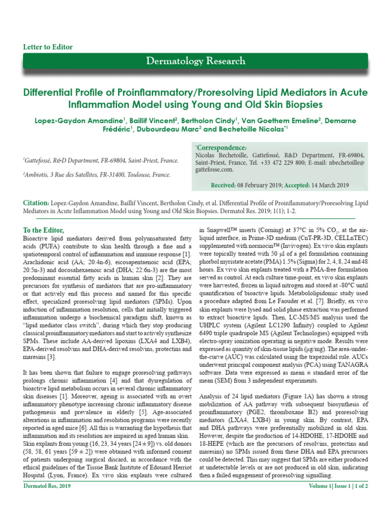 Differential Profile of Proinflammatory Proresolving Lipid Mediators in ...