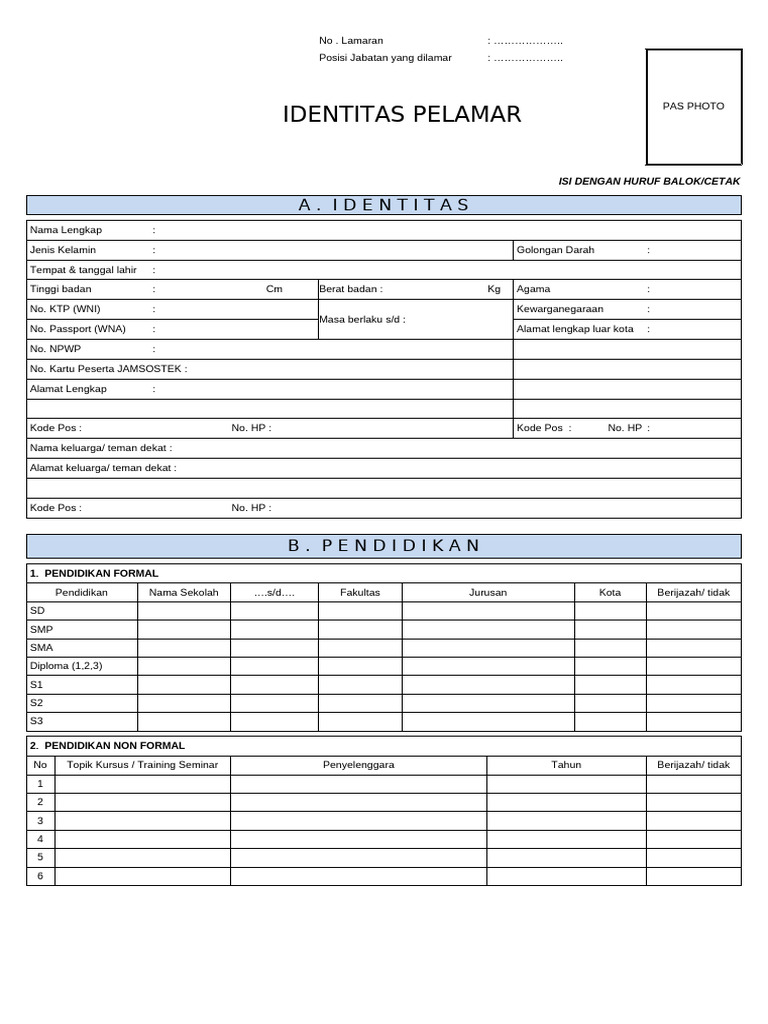 01.form Identitas Pelamar | PDF