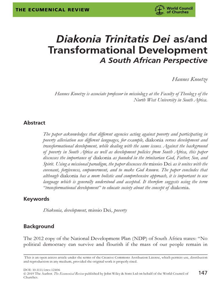 Diakonia Trinitatis Dei As Transformational Development A South African ...