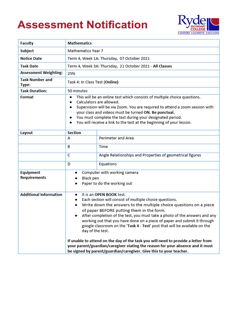 Year 7 Math Assessment Notification | PDF | Mathematics | Equations