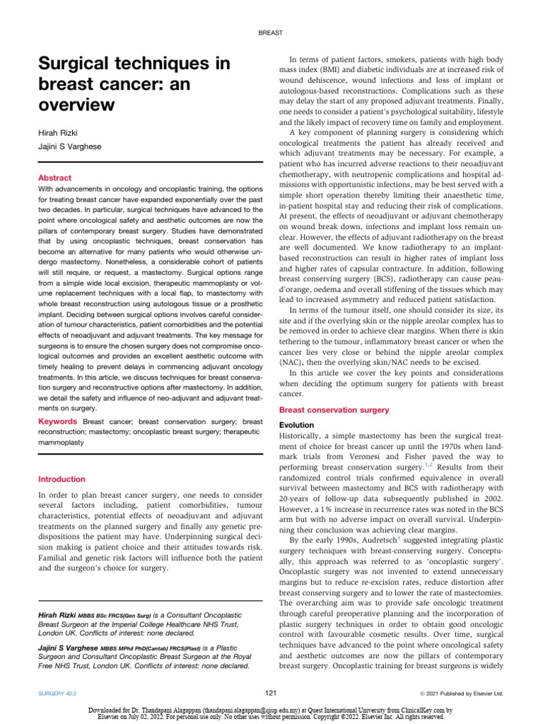 Surgical Techniques in Breast Cancer: An: Hirah Rizki Jajini S Varghese ...
