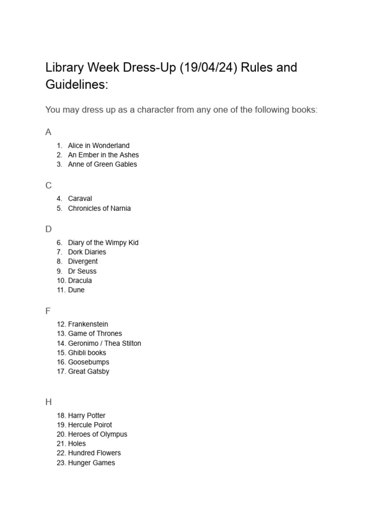 Library Week Dress-Up Guidelines 2024 | PDF