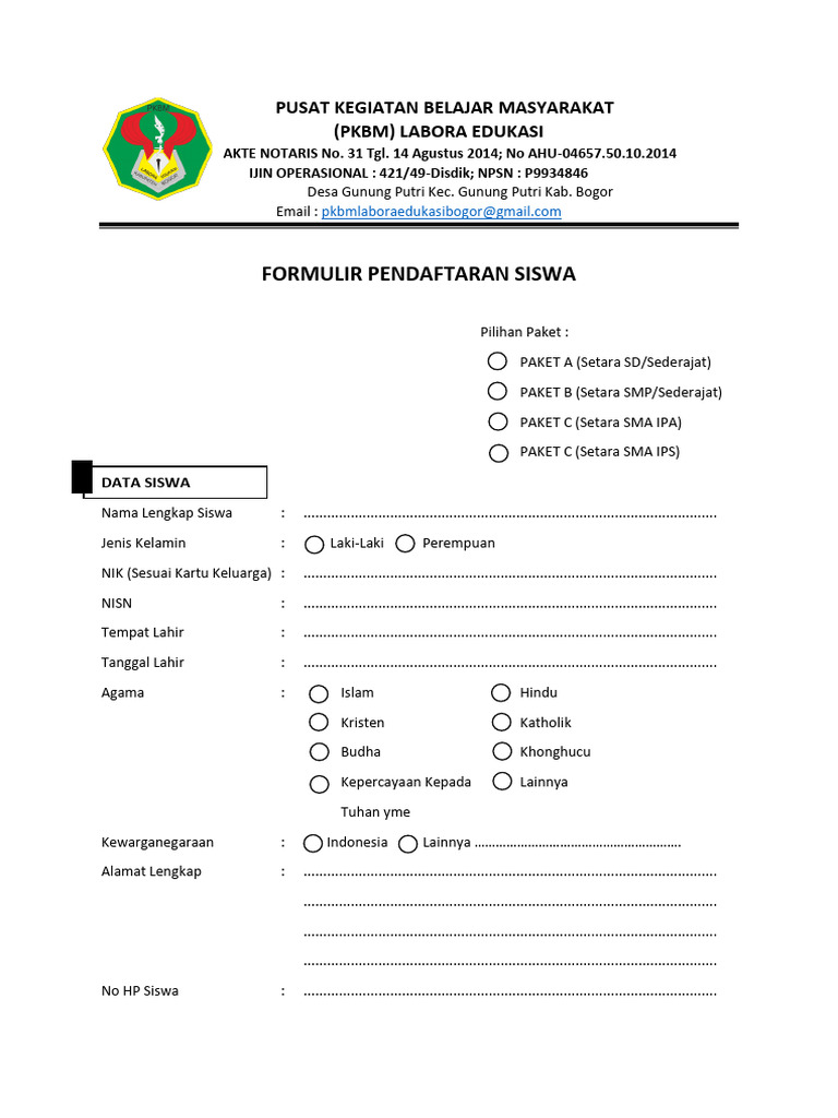 Formulir Dan Persyaratan PKBM Labora Edukasi | PDF