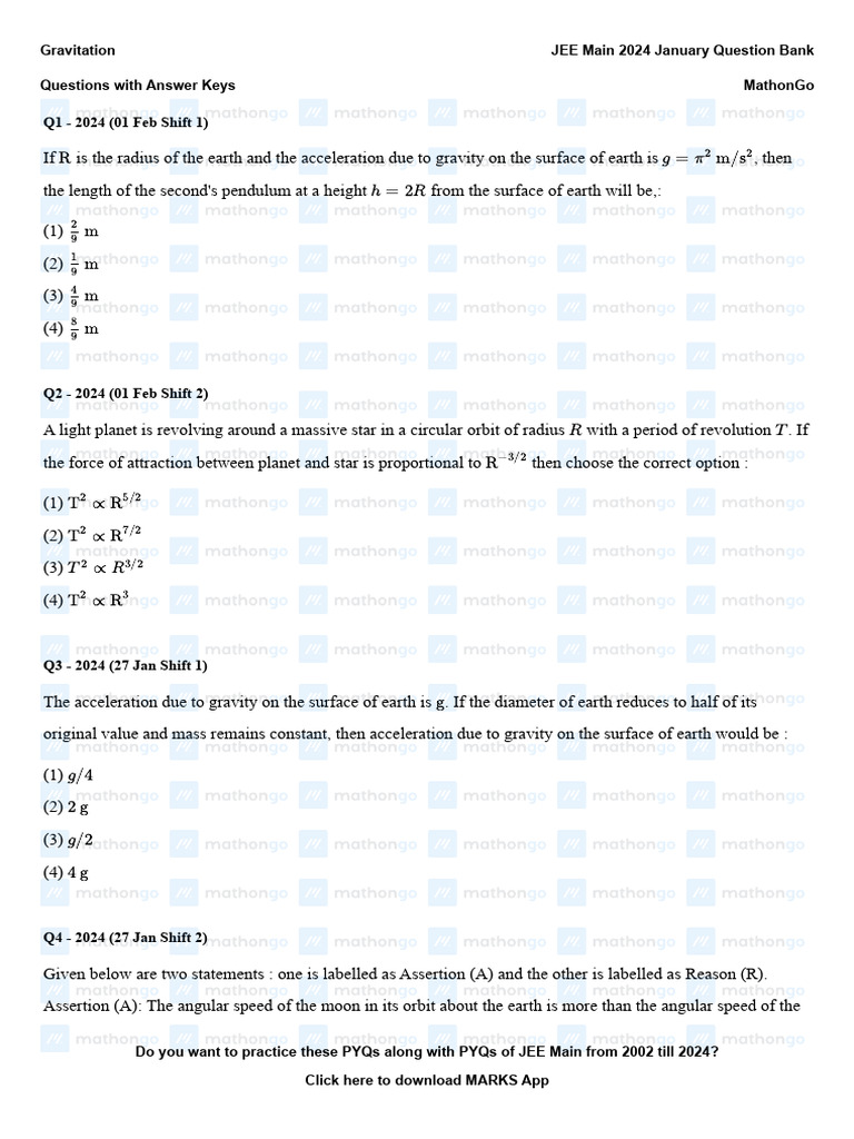 Gravitation - JEE Main 2024 January Question Bank - MathonGo | PDF ...