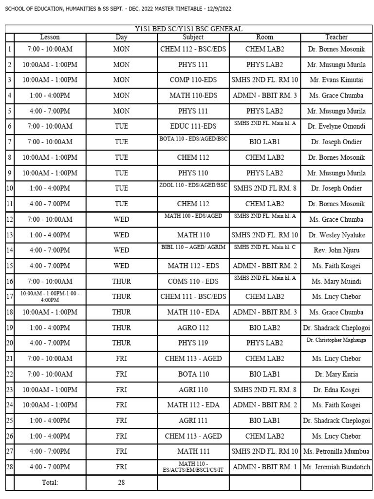 School of Education Humanities Ss Sept. Dec. 2022 Master Timetable 12.9 ...