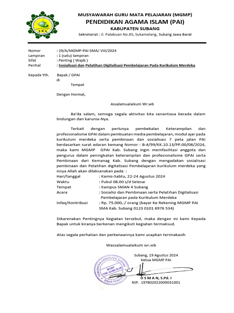 Undangan MGMP Pai | PDF