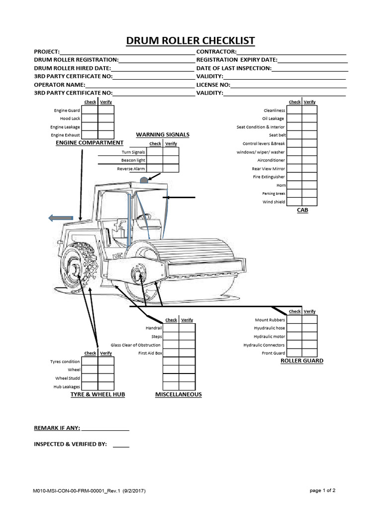Drum Roller Daily Inspection Checklist | PDF | Loader (Equipment ...