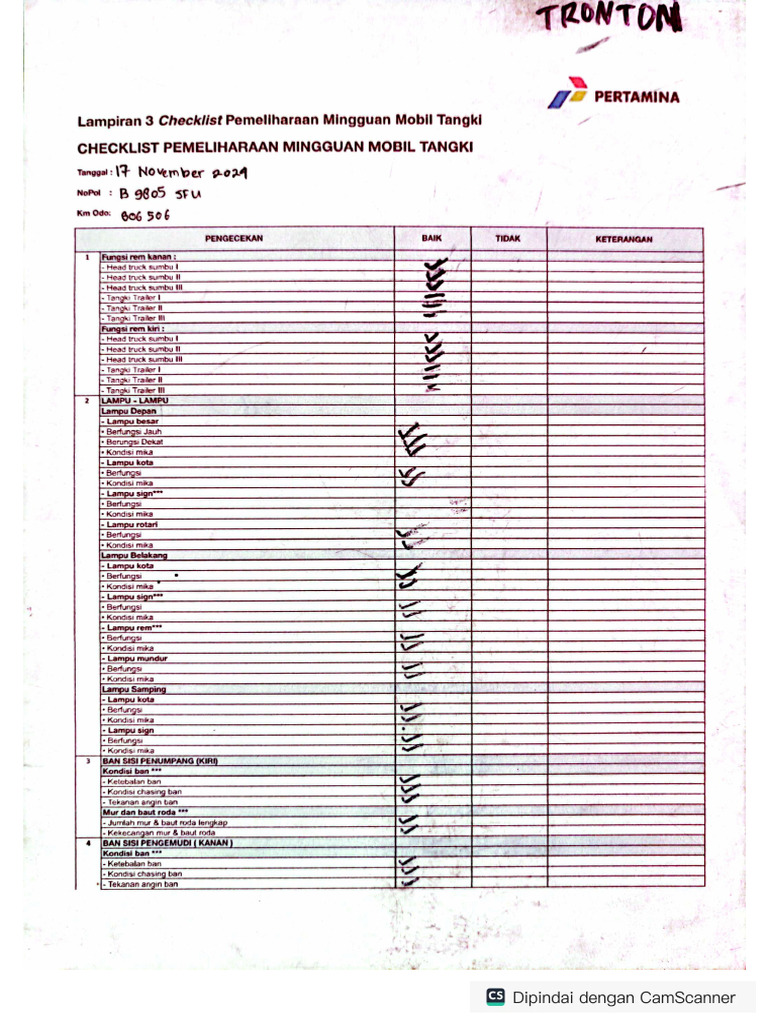 Weekly Inspection Unit MT Nopol B 9805 SFU | PDF
