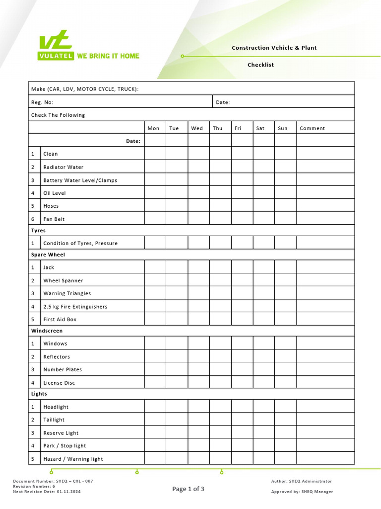 Construction Vehicle Inspection Checklist | PDF | Vehicles ...