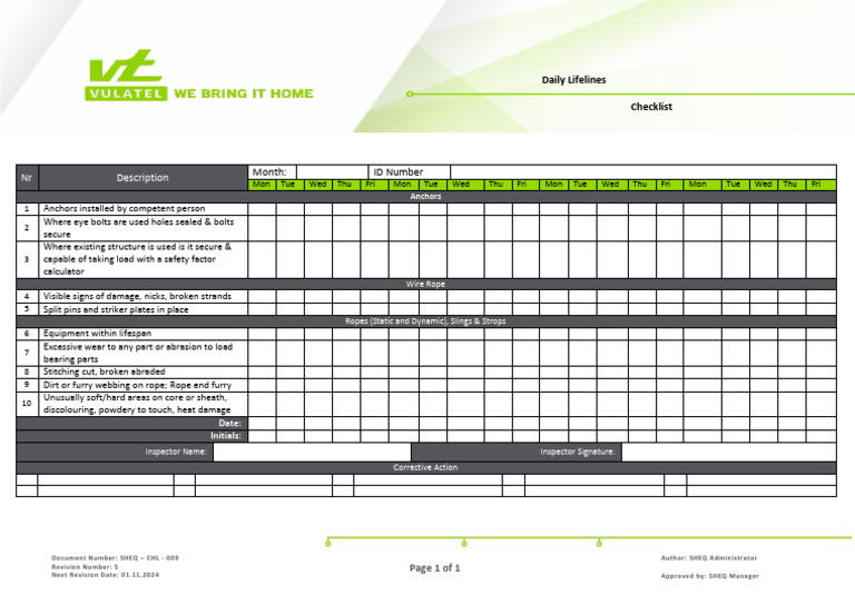 SHEQ-CHL-009 Daily Lifelines Checklist | PDF