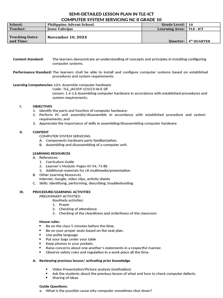 Grade 10 Computer Hardware Assembly Plan | PDF | Computer Hardware | Electronics