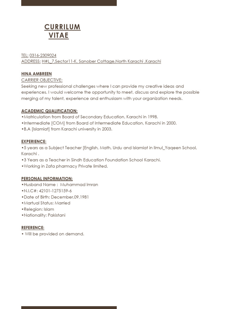 Hina Ambreen's Professional CV | PDF | Business | Wellness