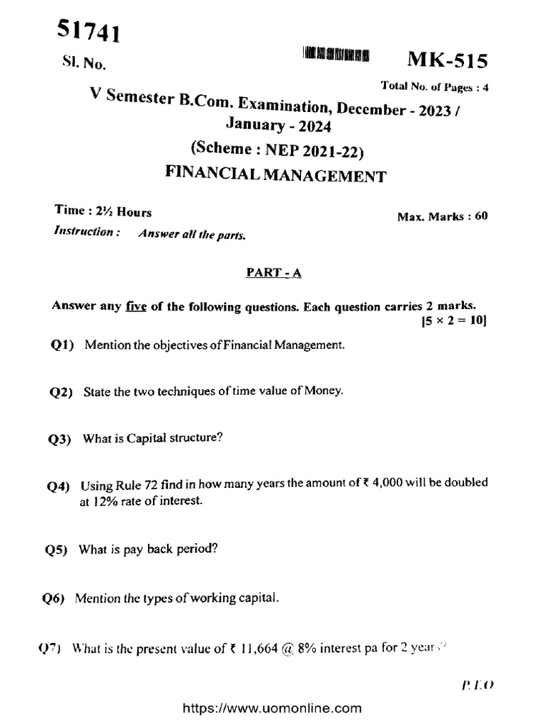 Bcom 5 Sem Financial Management MK 515 Jan 2024 | PDF