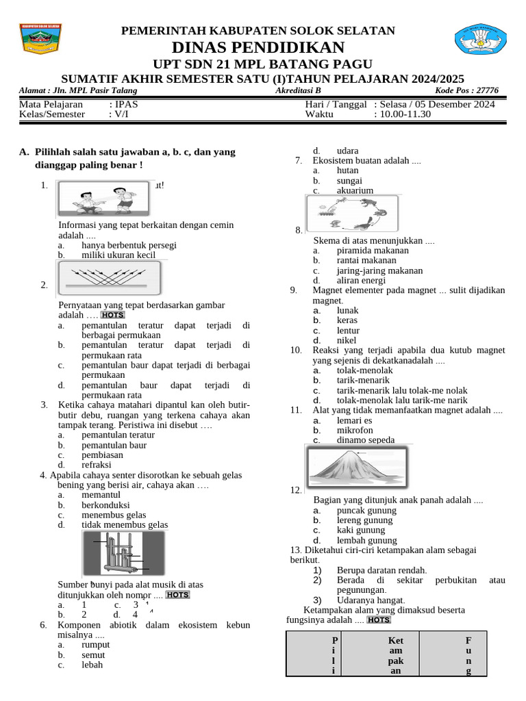 Soal Sas Ipas Kls 5 Semester 1 | PDF