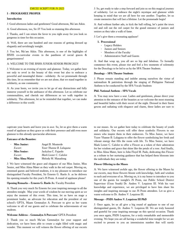 Emcee Script For JS 2023 | PDF