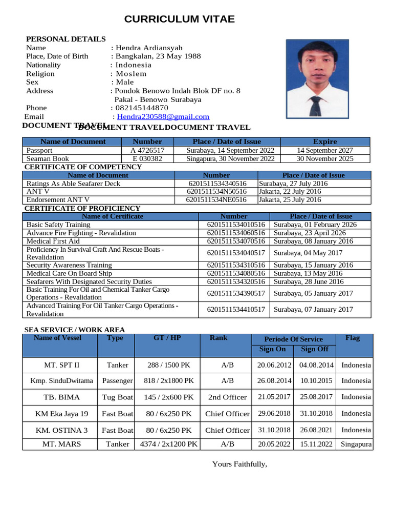 Hendra Ardiansyah's CV Summary | PDF | Sailor | Freight Transport