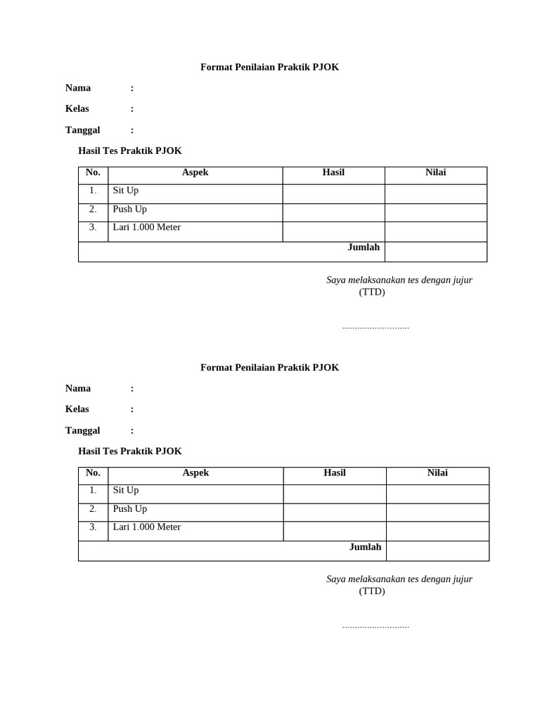 Format Penilaian Praktik PJOK | PDF