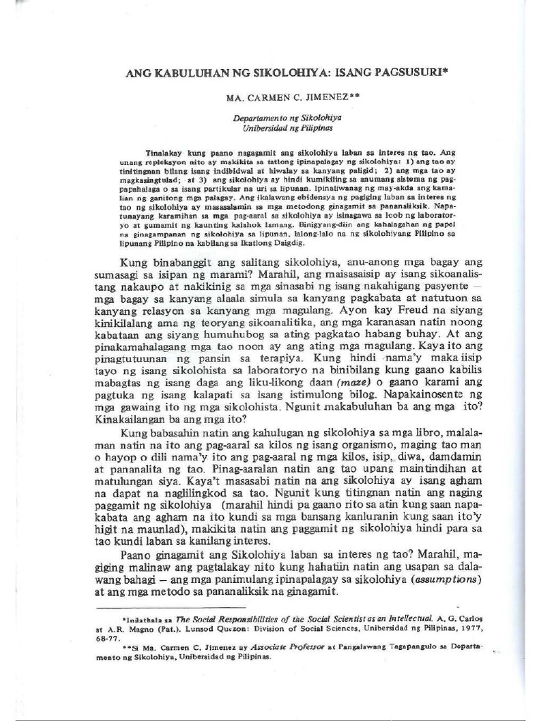 Jimenez (1977) Ang Kabuluhan NG Sikolohiya | PDF