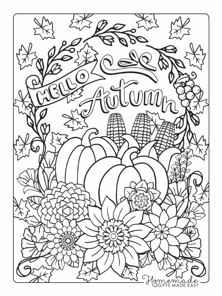 Thanksgiving Coloring Pages Hello Autumn Pumpkins Flowers | PDF