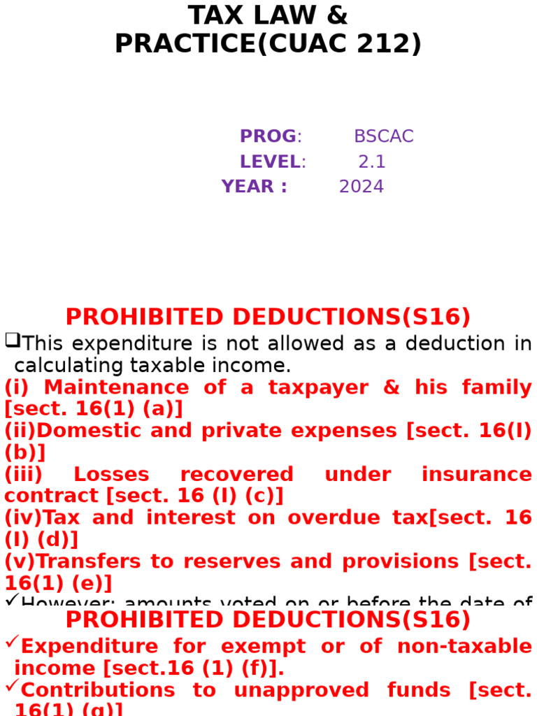 Prohibited Deductions Lecture Summary 2020 | PDF