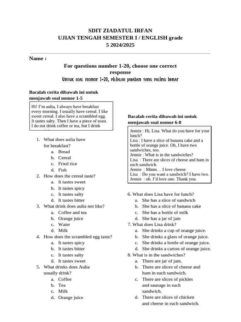 Uts Grade 5 | PDF | Taste | Drink