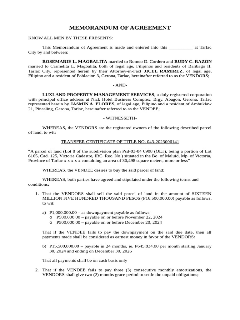 Memorandum of Agreement | PDF | Payments | Money
