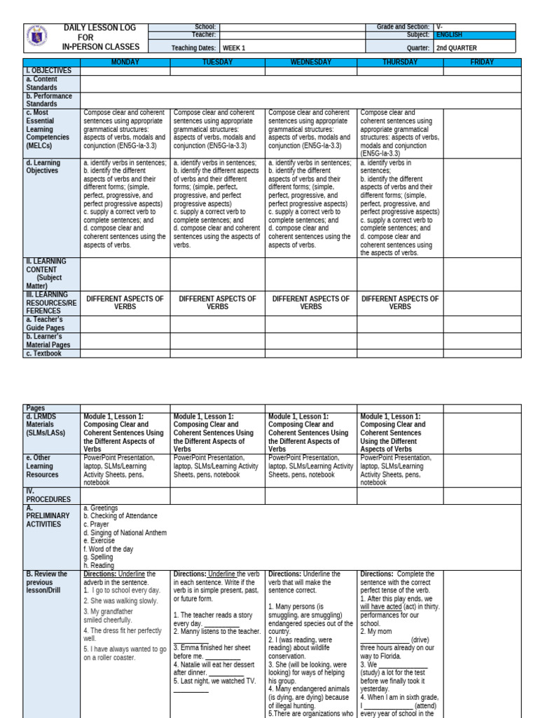 Q2_ENGLISH_DLL_WEEK 1 | PDF | Perfect (Grammar) | Grammatical Tense Q2_ENGLISH_DLL_WEEK 1 | PDF | Perfect (Grammar) | Grammatical Tense