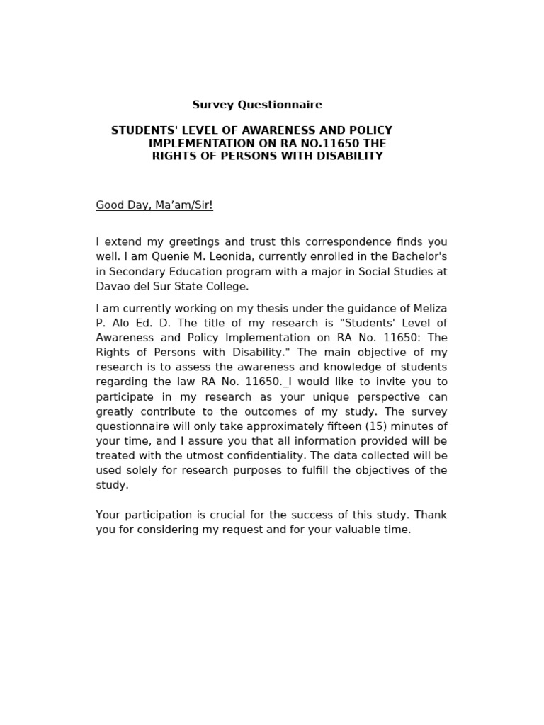 DCNHS Survey Questionnaire | PDF | Accessibility | Disability