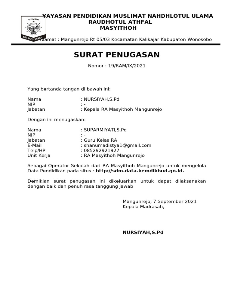 Contoh Surat Penugasan Operator VerValPD Kemenag | PDF