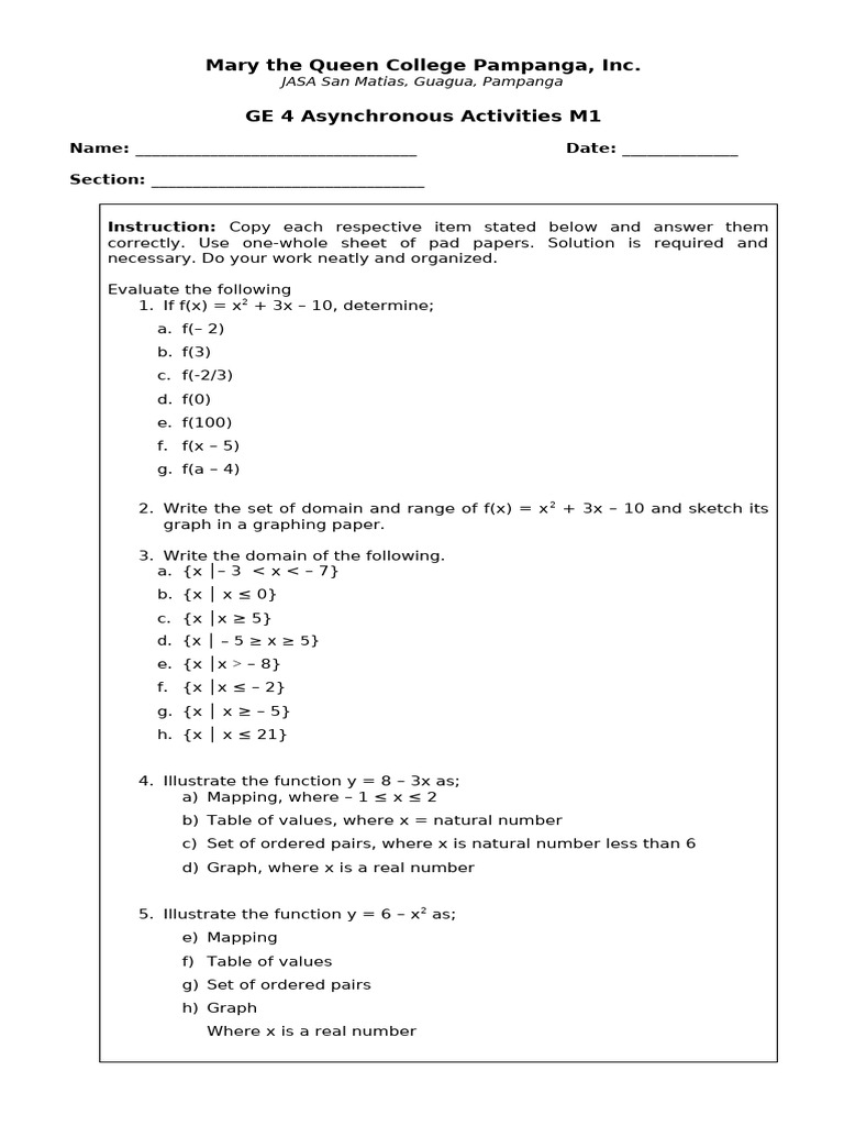 GE 4 Math Activities for Mary the Queen College | PDF
