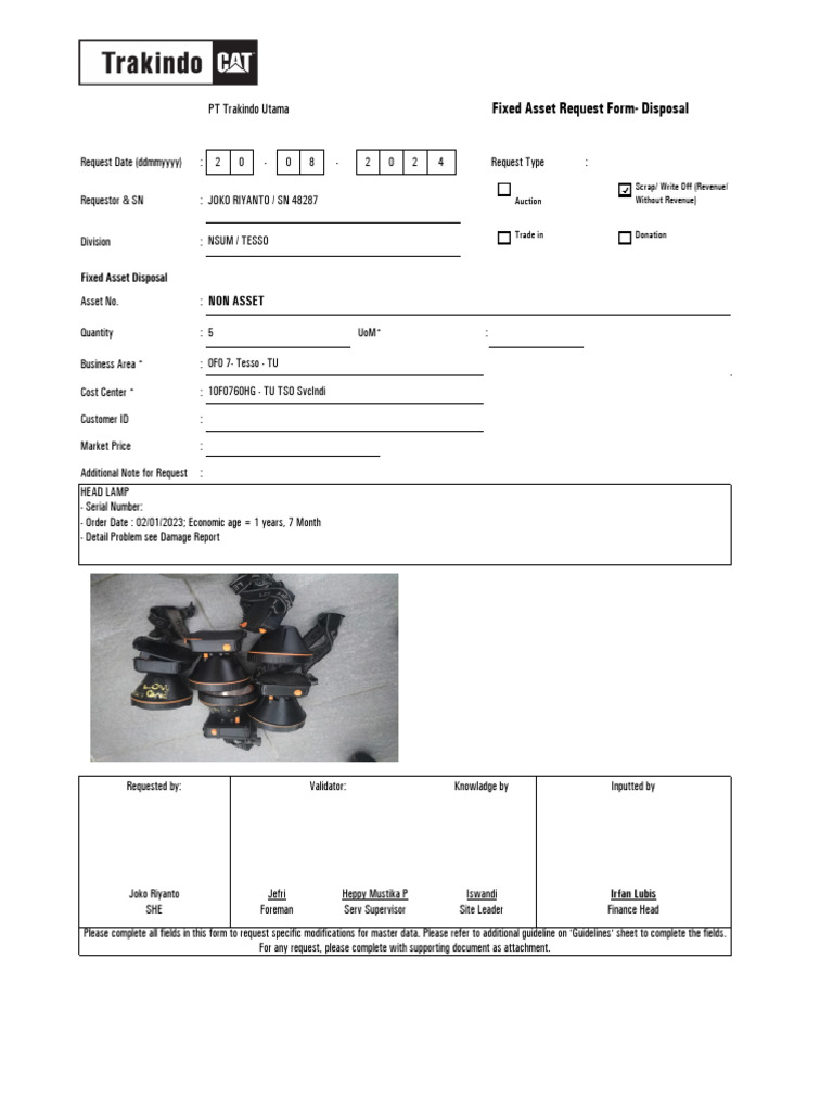 Fixed Asset Request Form - Disposal HEAD LAMP | PDF