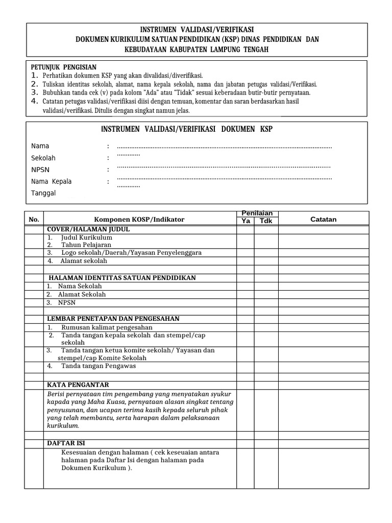 INSTRUMEN Validasi KSP (TK) Lampung Tengah (FX) | PDF
