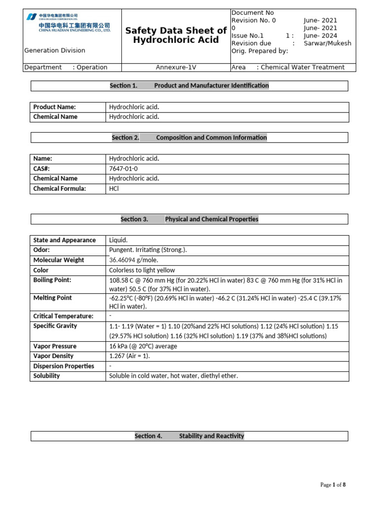 Annexure-IV HCL MSDS | PDF | Hydrochloric Acid | Hydrogen
