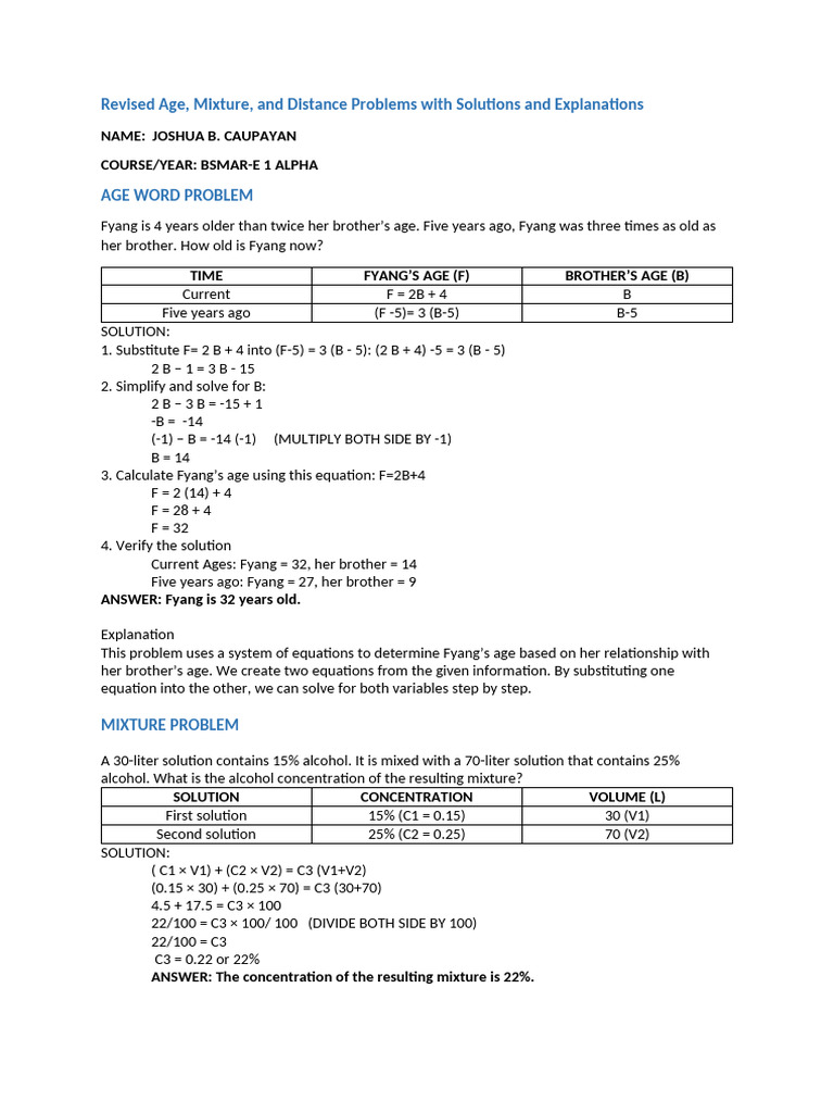 Age Word Problem/mixture Problem and Distance Rate and Time Problem | PDF | Speed | Quadratic ...