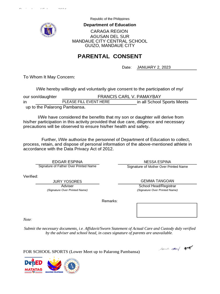 2024 Athlete Record Parentalconsentonly | PDF