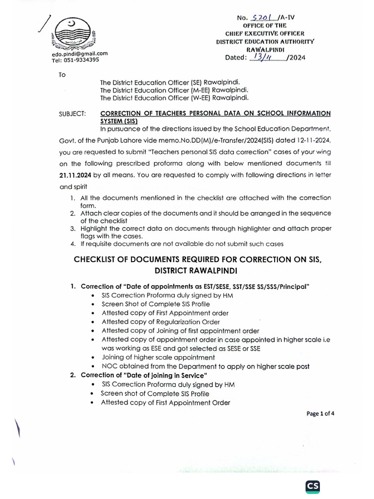 SIS Data Correction Checklist | PDF